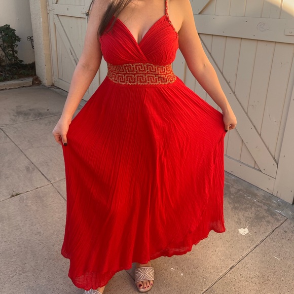 grimani | Dresses | Red Gold Greek Goddess Flowy Halter Strap Maxi ...
